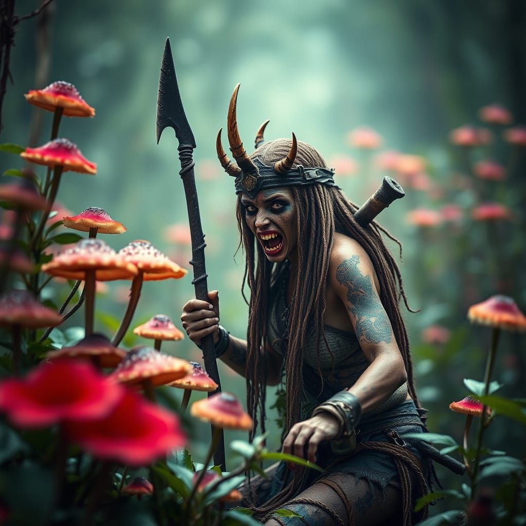 female cannibal barbarian, Mutated swamp, toxic flowers, savage mushrooms
