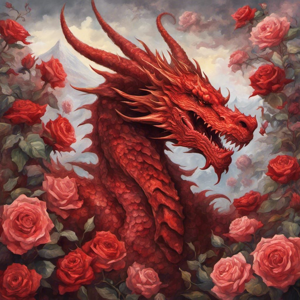 A Red Dragon Surrounded By Red Roses Epic cinematic brilliant stunning ...