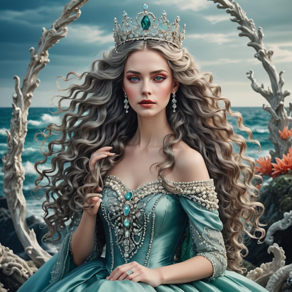 Young and beautiful Queen of the sea with long ringlet hair. Silver ...