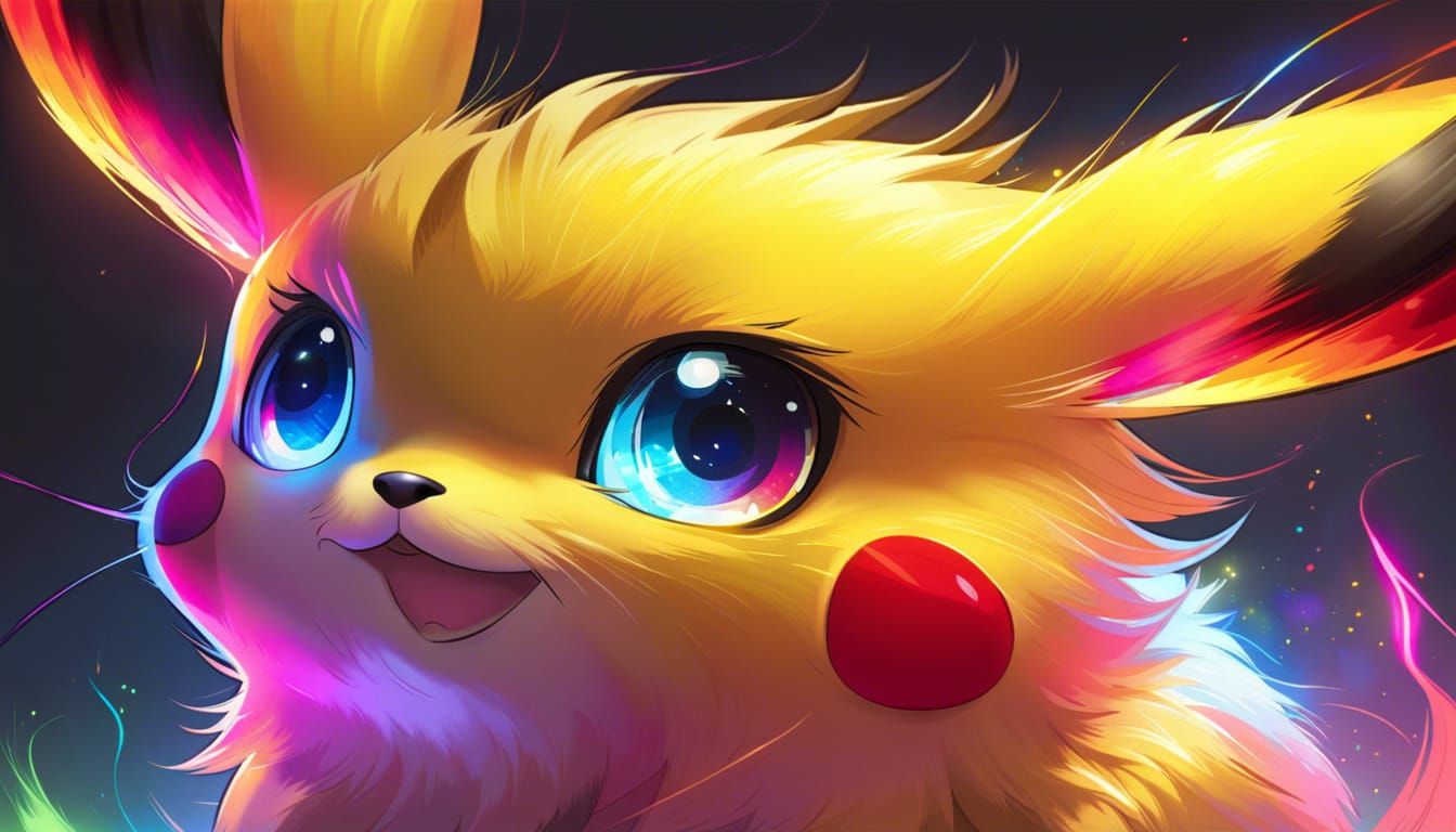 cute fluffy Pikachu, rainbow colours, sparkling eyes, embers in her ...