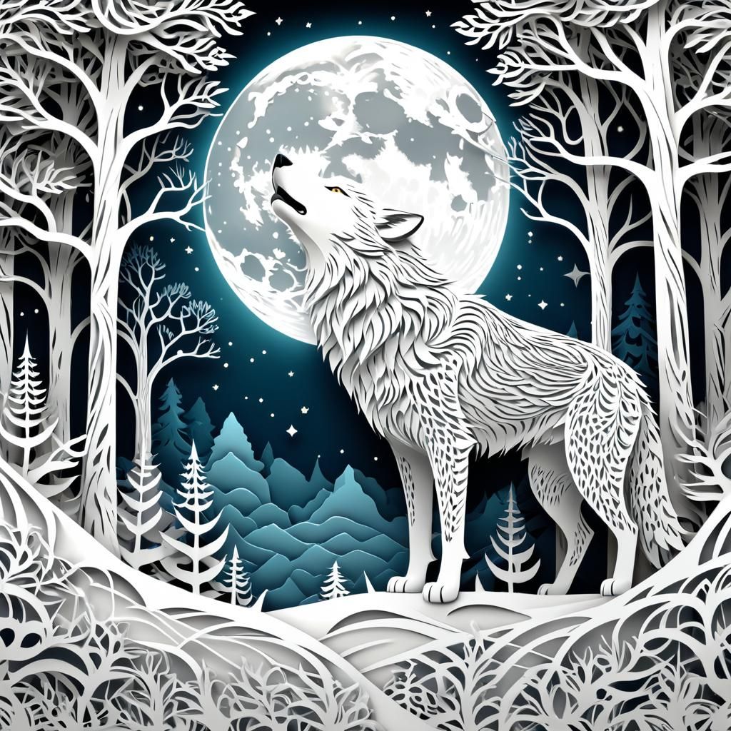 Kirigami of a wilf howling in the forest moonscape high resolution ...