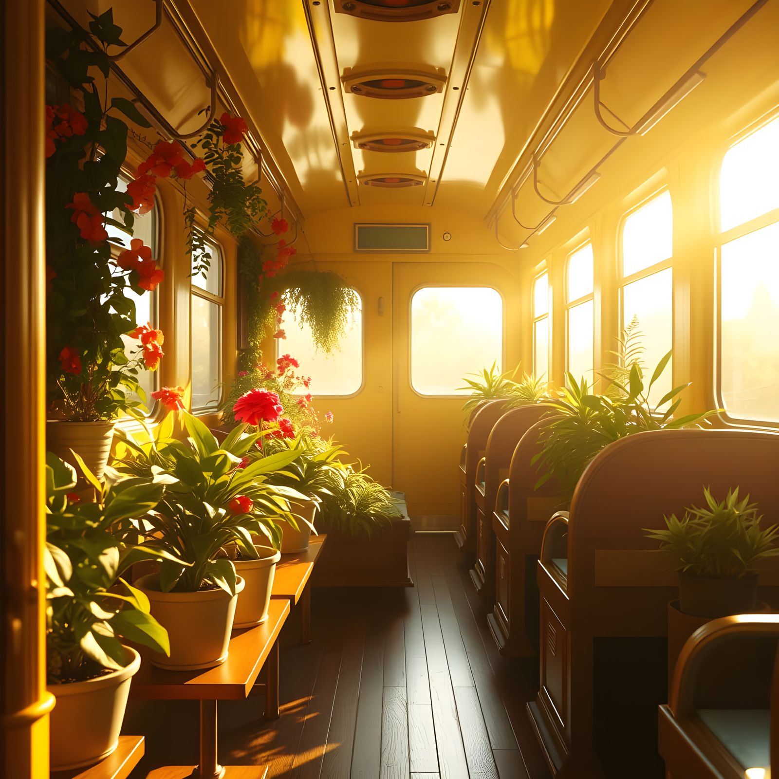 Sunlit 1950s Train Interior Filled with Plants - AI Art
