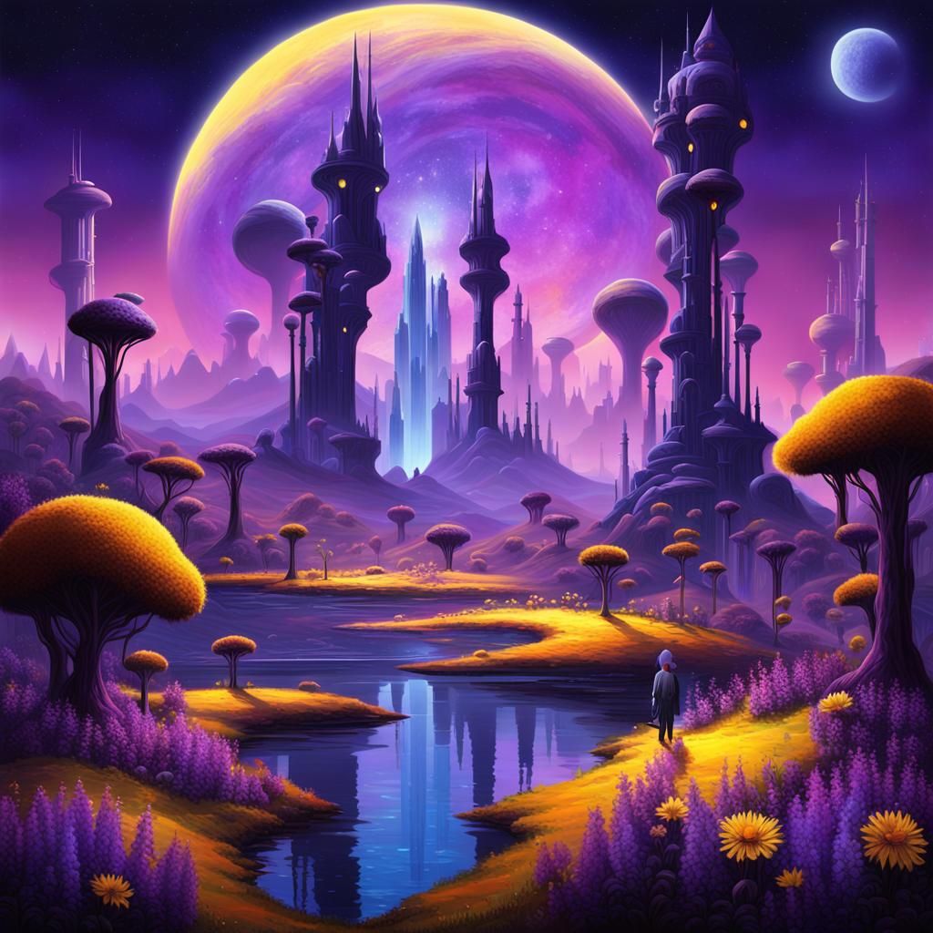 Surreal nightscape depicting Harmony Heights, a Utopian cityscape on an ...