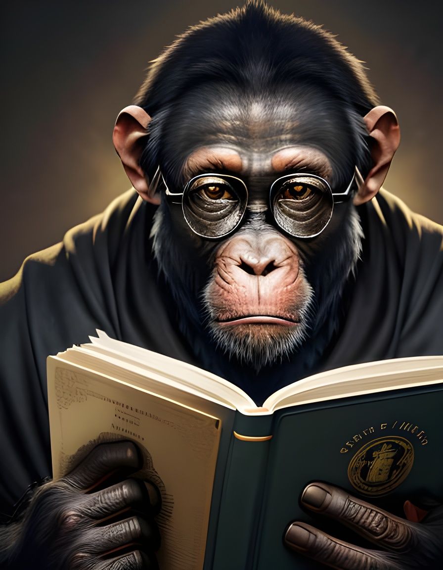 An intelligent Chimpanzee (wearing eyeglasses:1.2) & Reading a "Holy ...