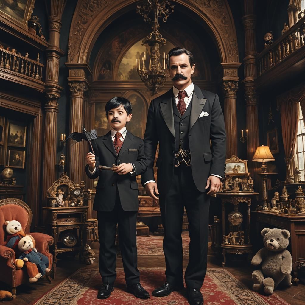 Young Master Bruce posing for a photograph with his father Thomas Wayne ...