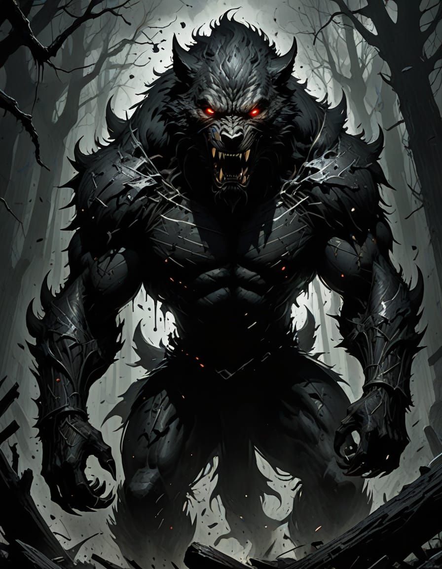 Dark Fantasy Werewolf Consumed by Void in Noir-Ins... - AI Art