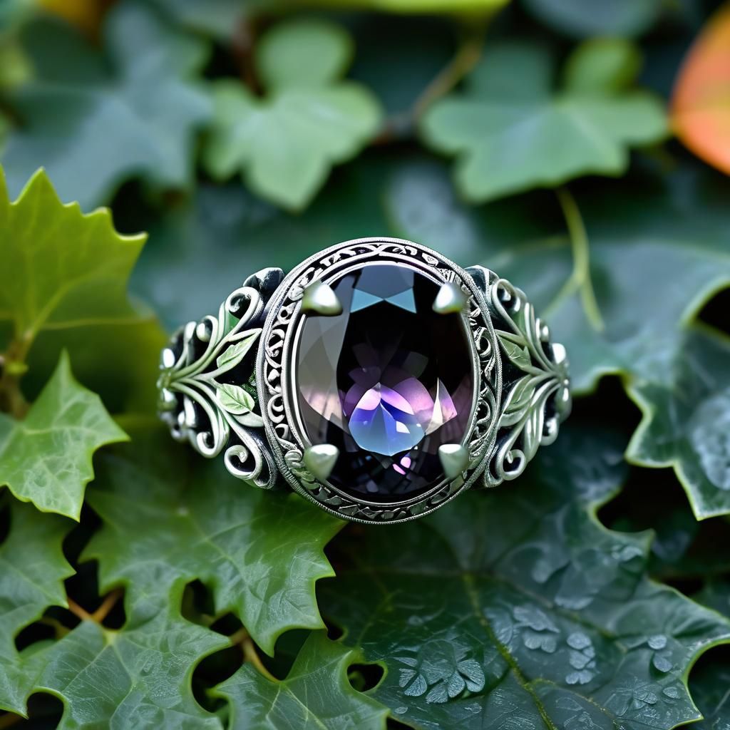 A beautiful silver ring with one shiny dark crystal at the center, with ...