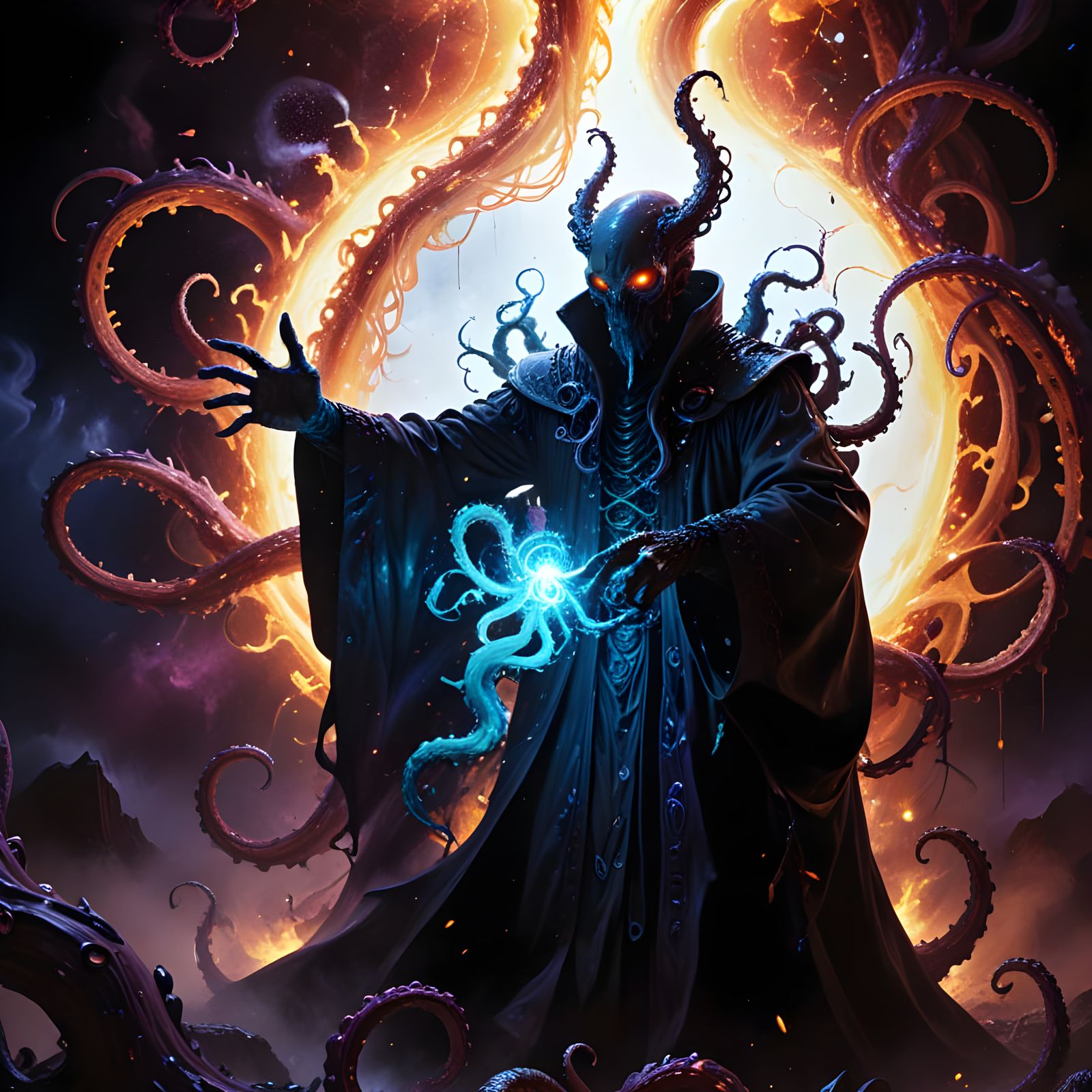 A void mage opening a rift into another dimension, with alien colors ...