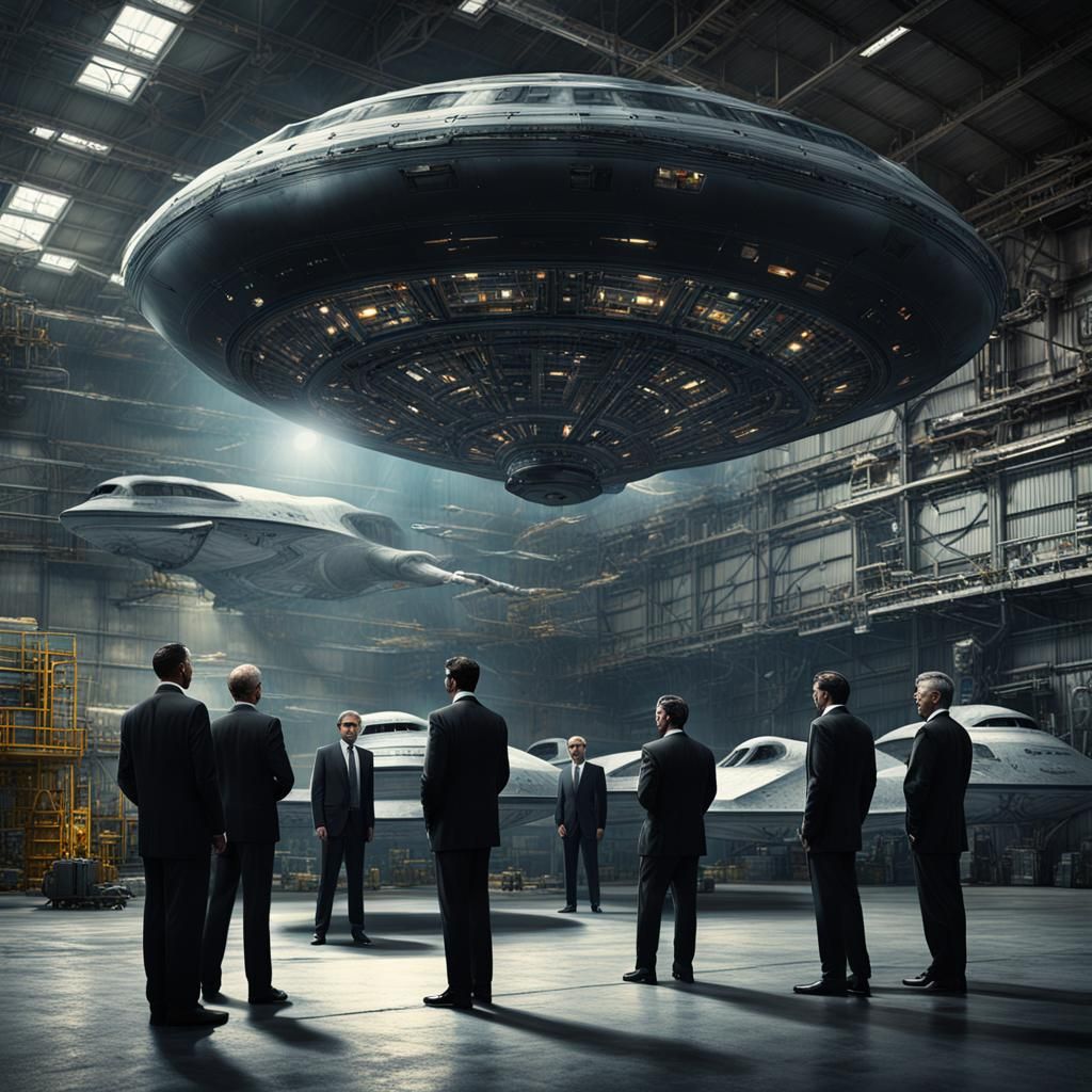 Men in black and scientists around a UFO in a hangar in Area 51, dark ...