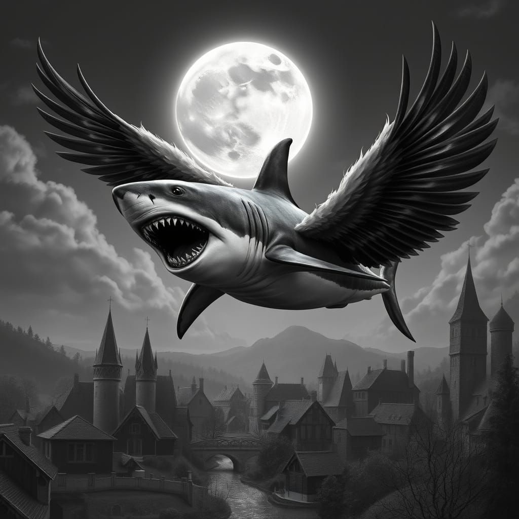 Great White Shark Soaring Over Medieval Village - AI Art