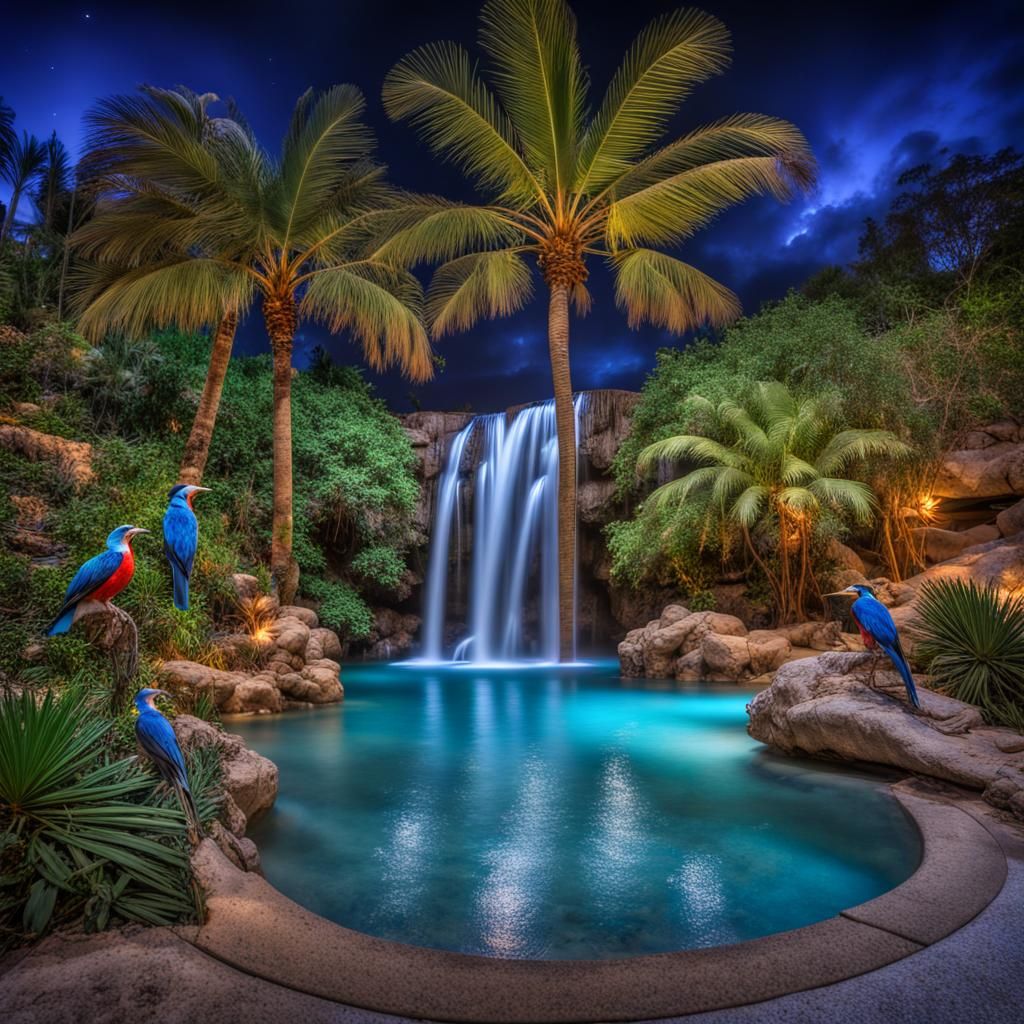 A beautiful pool of sparkling blue water with a waterfall with colorful ...