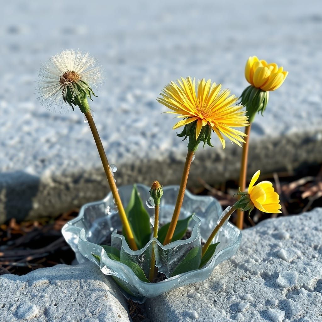 3D render realistic Dandelion plant encased in ice with the plant in ...