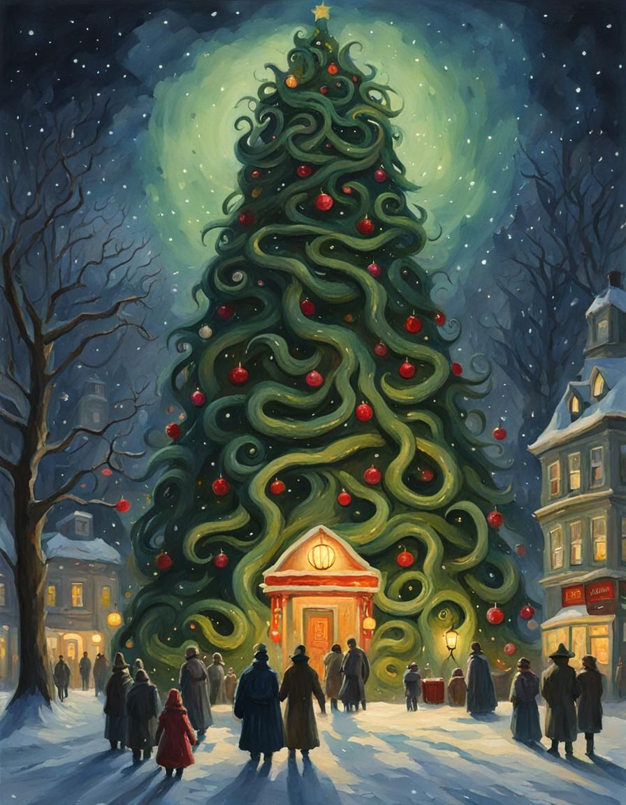 A giant Cthulhu Christmas tree in the square of Innsmouth - AI ...