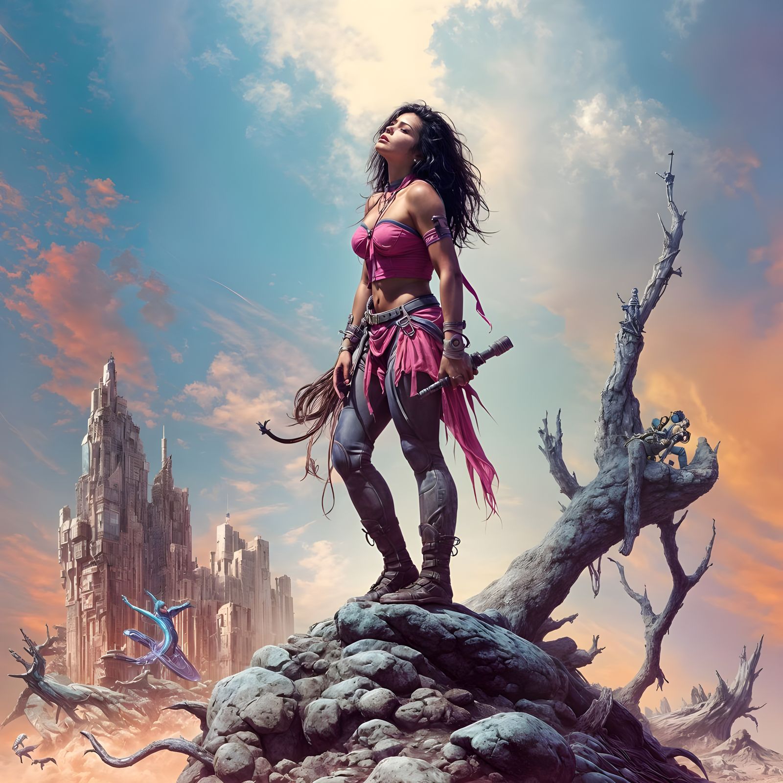 Xena, Triumphant - Sword Maiden Triumphs in Futuristic Ruin...
