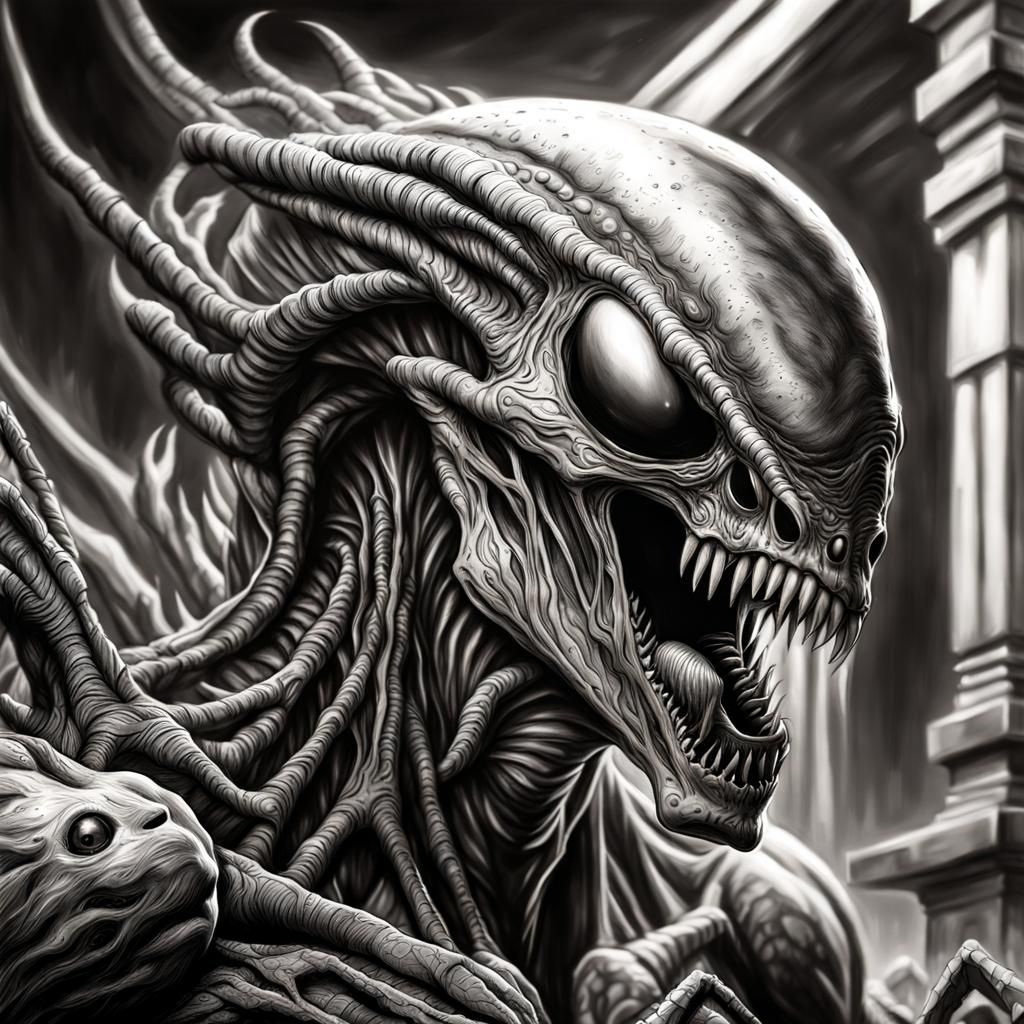 A hyperdetailed alien spawn coming up from the ground with hyperealism ...