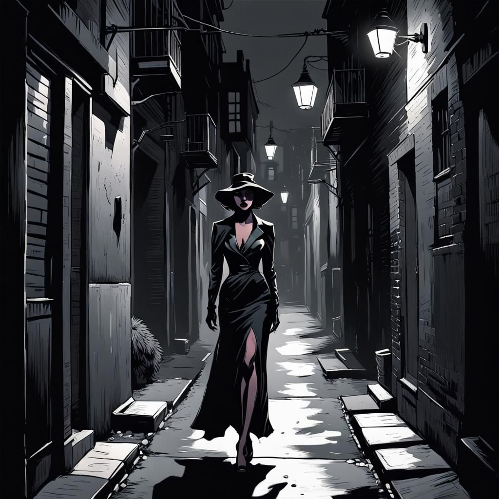 Comic Noir Expressionism, dark lady in shady alley, james harren - AI ...