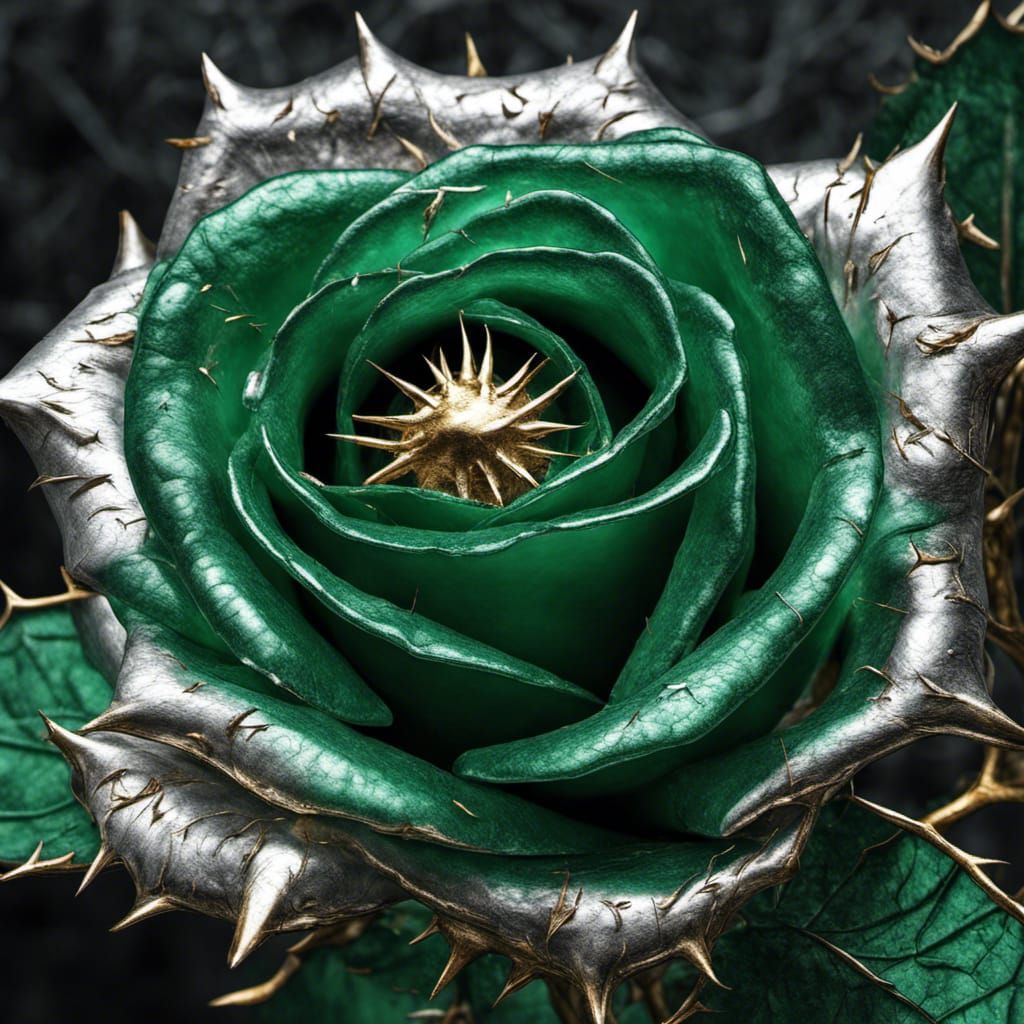 Emerald Rose with Silver leaves and gold Thorns - AI Generated Artwork ...