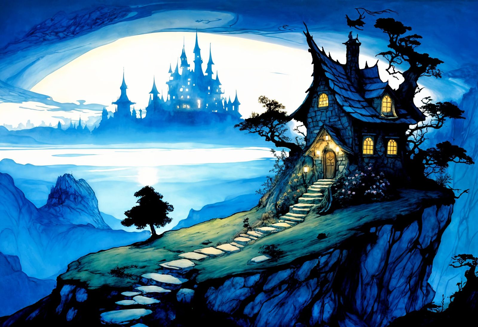 Fantasy fairy house, distant castle, lake, by arthur rackham