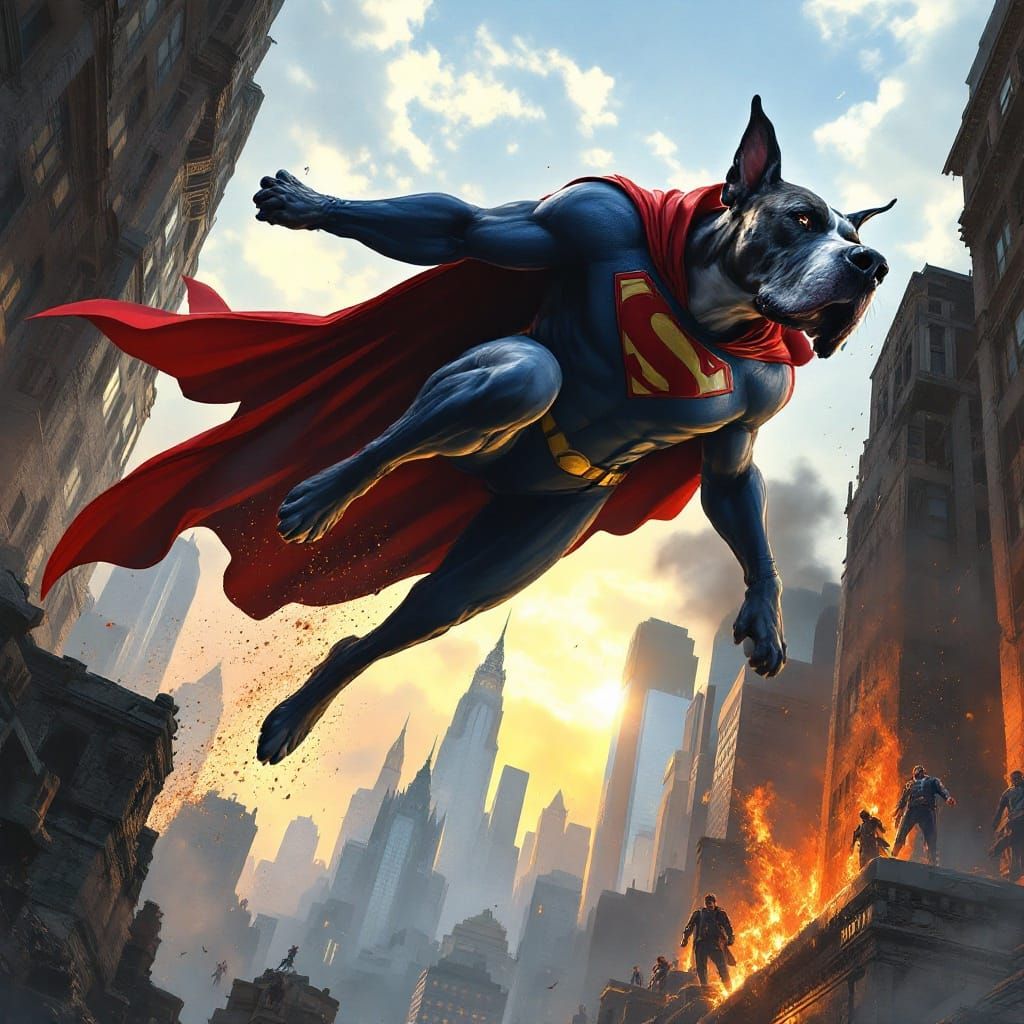 A normal sized Great Dane, clad in a tailored, blue Superman suit with ...