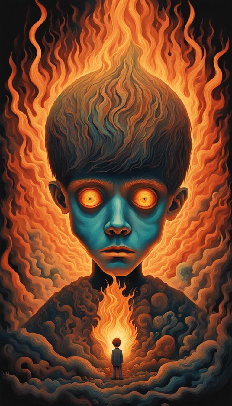 A cartoon boy with his head on fire. Oil painting filtered through ...