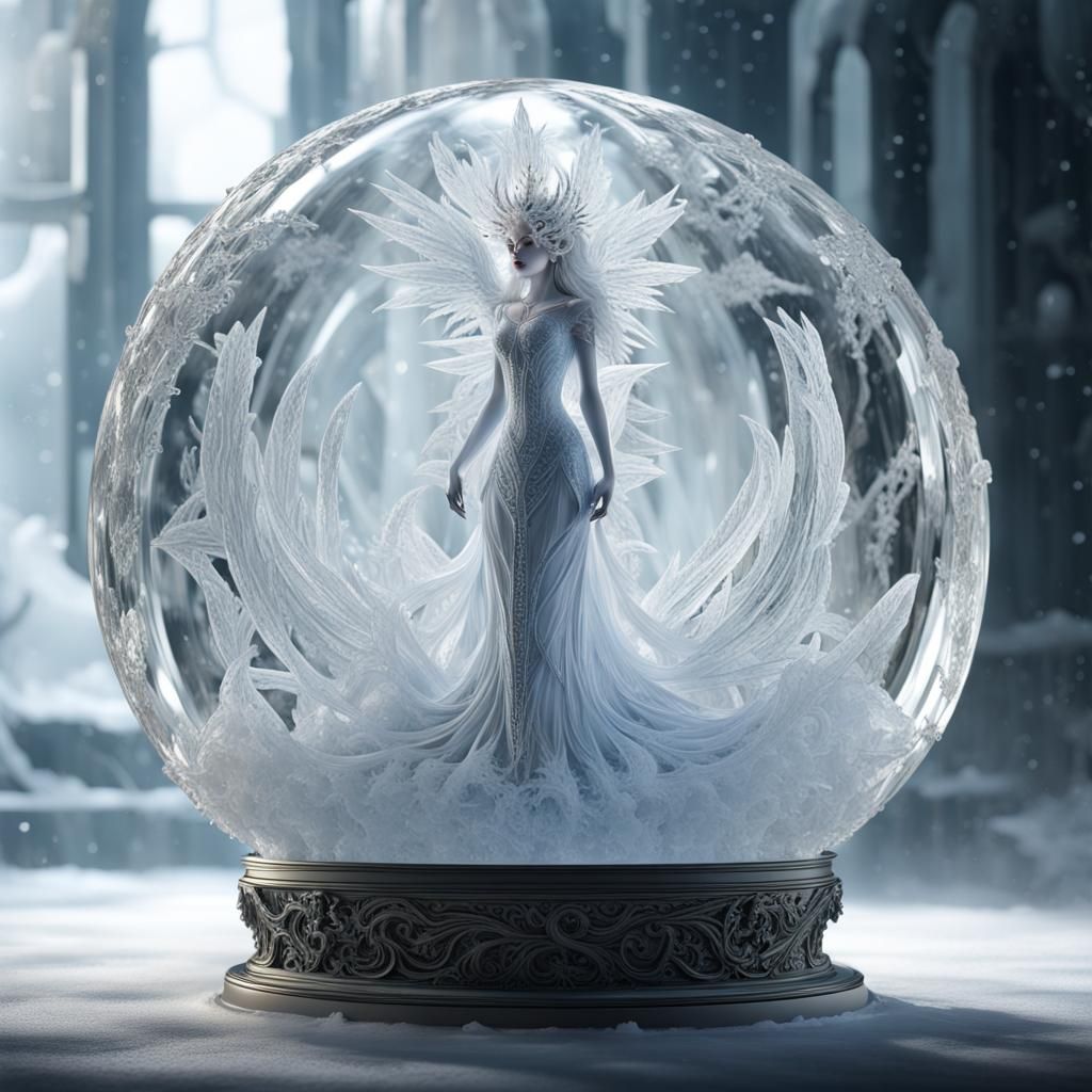 (Gumiho looking angelic clear ice frozen sculpture inside ice globe:1.0 ...