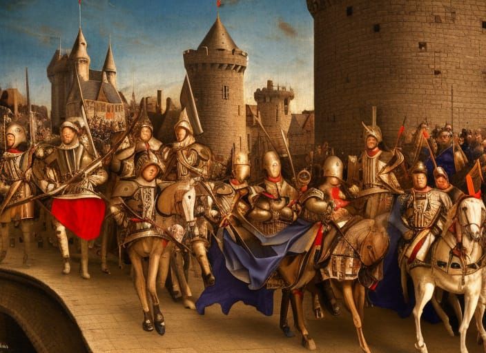 marching knights on a castle bridge from a view from behind them ...