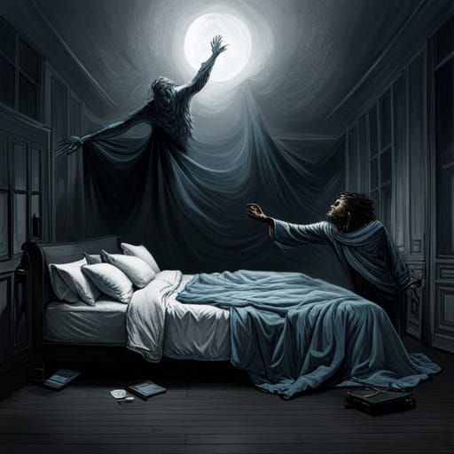 Man tossing in a bed having a nightmare while demon hands grab him from ...