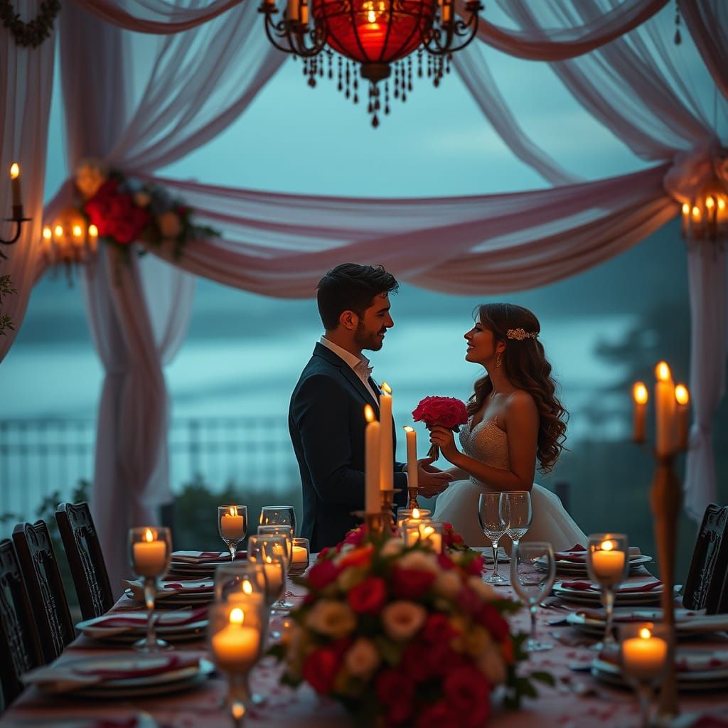 Romantic Dinner Scene with Candles and Hearts - AI Art