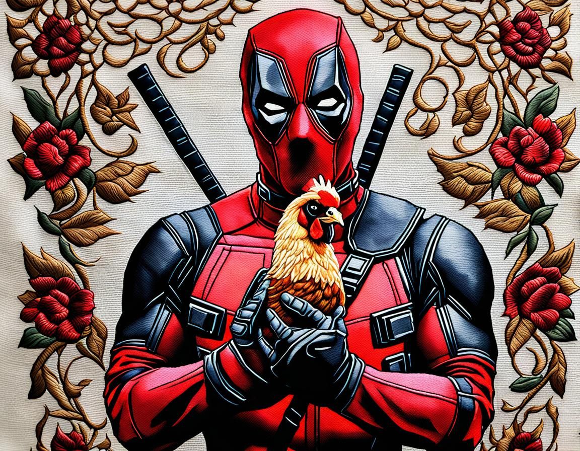 Embroidery Deadpool with a poule (french for chicken) - AI Generated ...