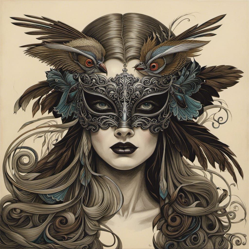 by Aaron Horkey a woman wearing a masquerade bird mask - AI Generated ...