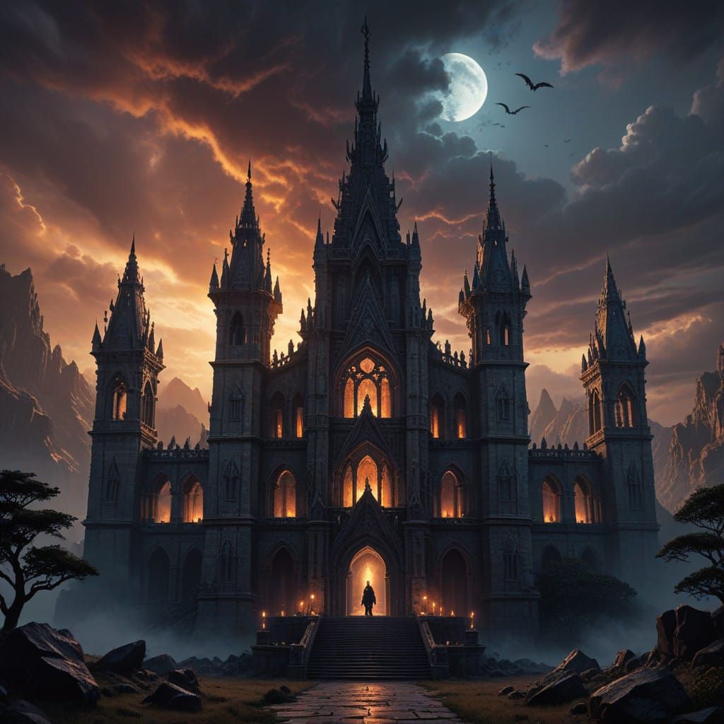 Gothic Ivory Castle with Gargoyles and Occult Symb... - AI Art