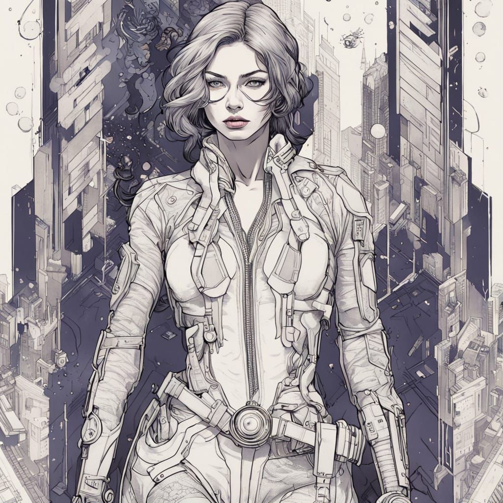 A masterpiece by Yuko Shimizu and Liam Wong and Conrad Roset :: female cyberpunk cyborg hunter ...