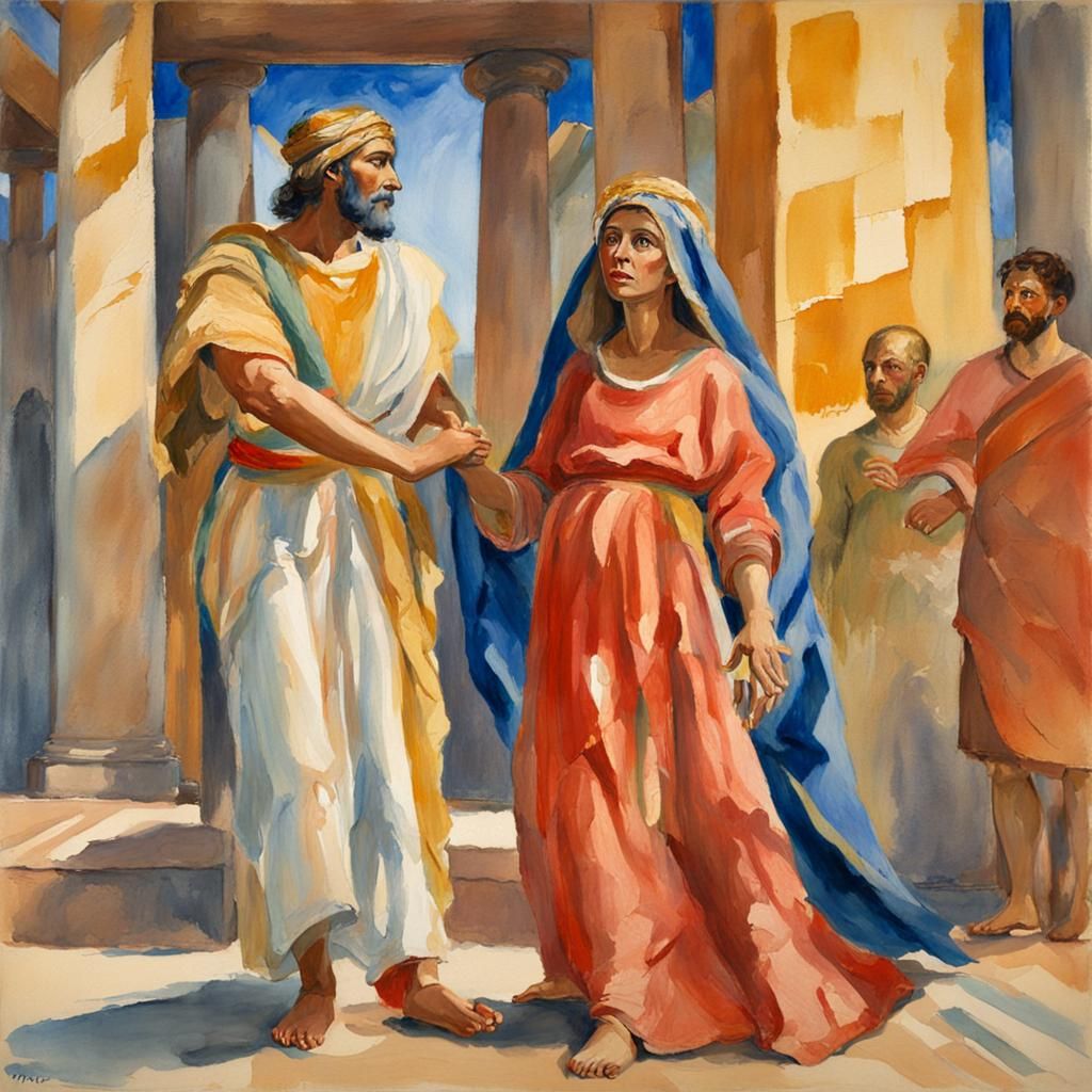 Potiphar's Wife and Joseph in Gouache Style - AI Art