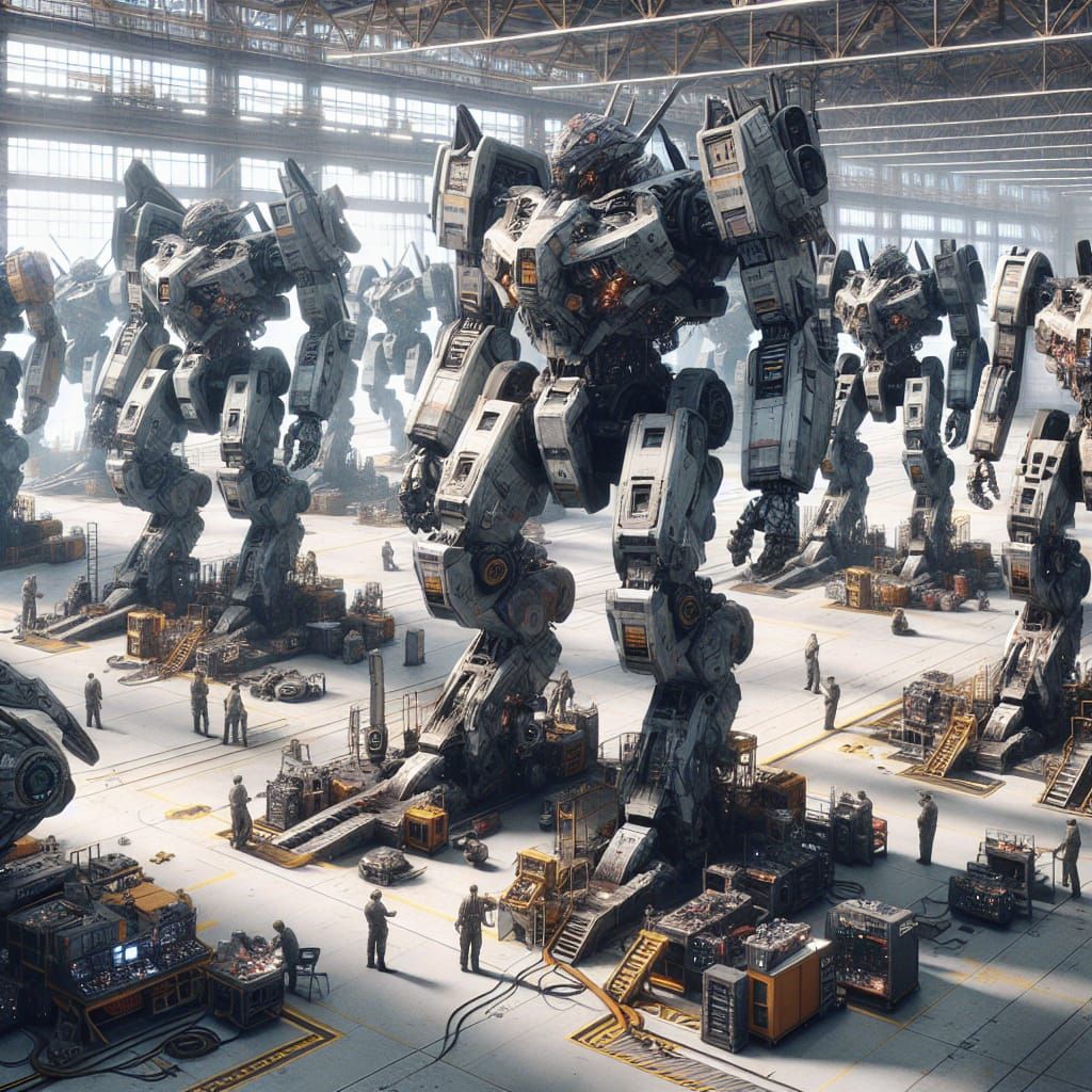 A mecha repair bay with engineers conducting maintenance on towering ...