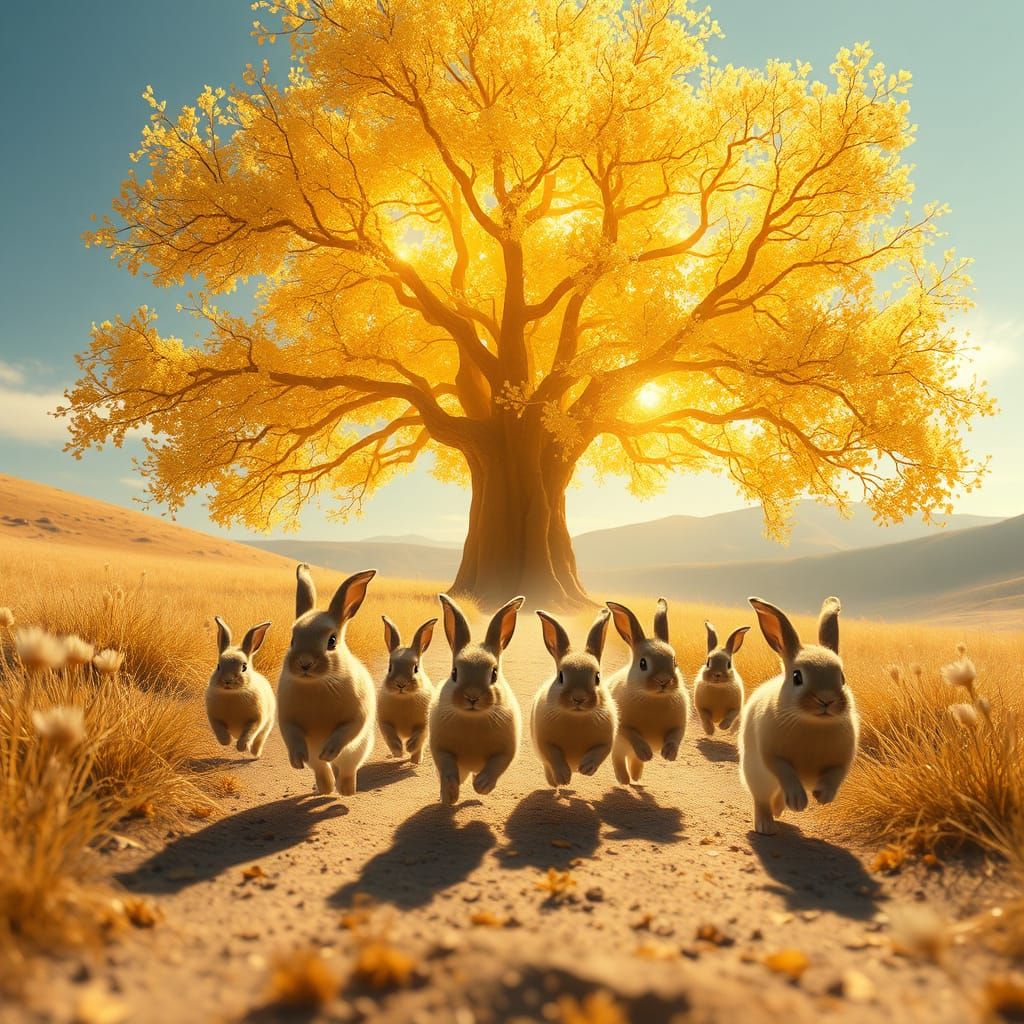 Rabbits Chase Golden Tree in Vibrant, Ethereal Lig... - AI Art