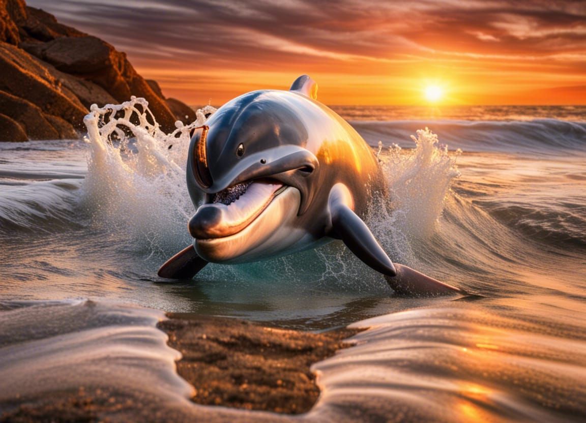 A struggling obese beached Bottlenose Dolphin in a rocky tide pool ...