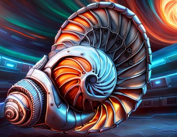 Silver nautilus sea shell spaceship, flying, realistic, Digital artwork ...