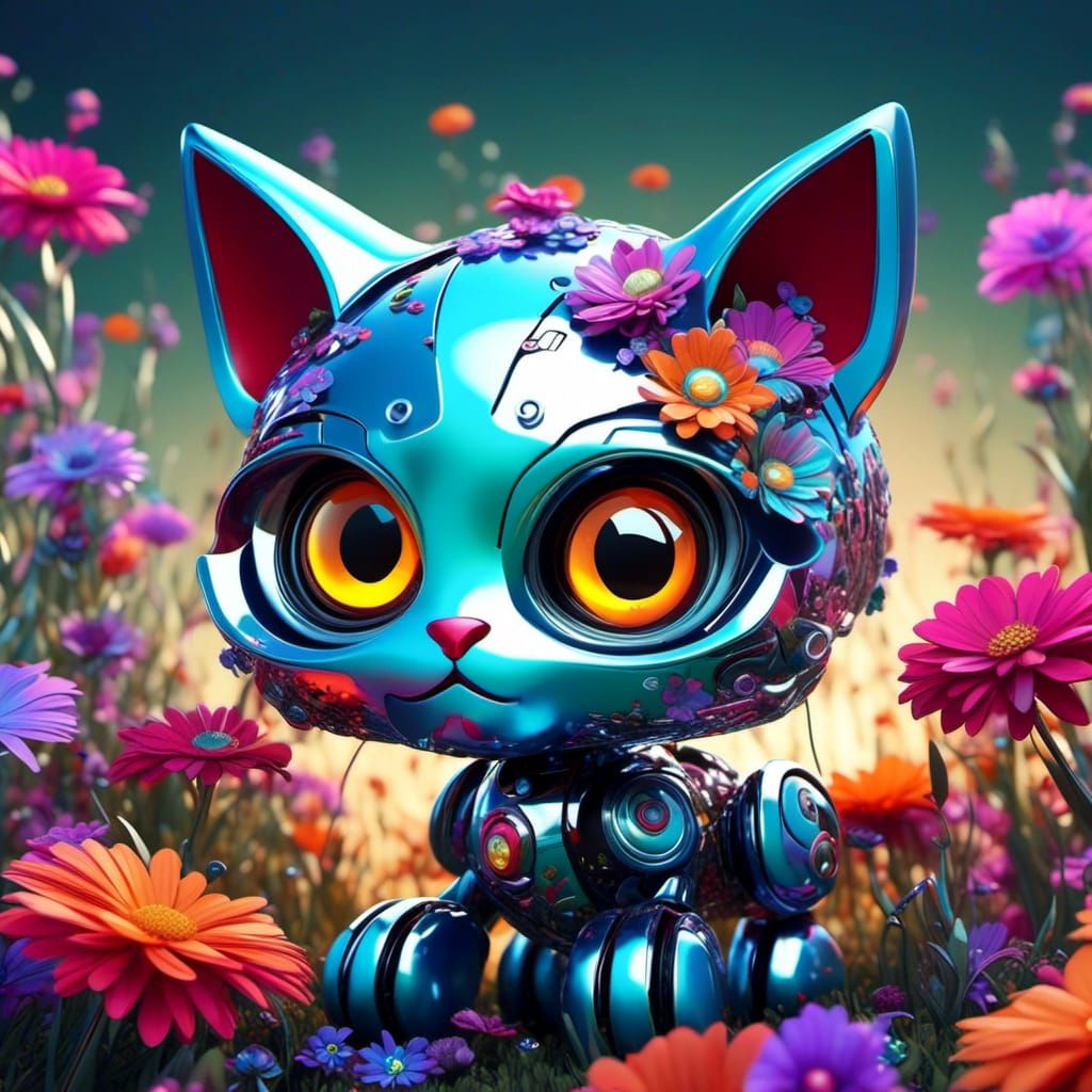 blue chrome kitten in flowers - AI Generated Artwork - NightCafe Creator