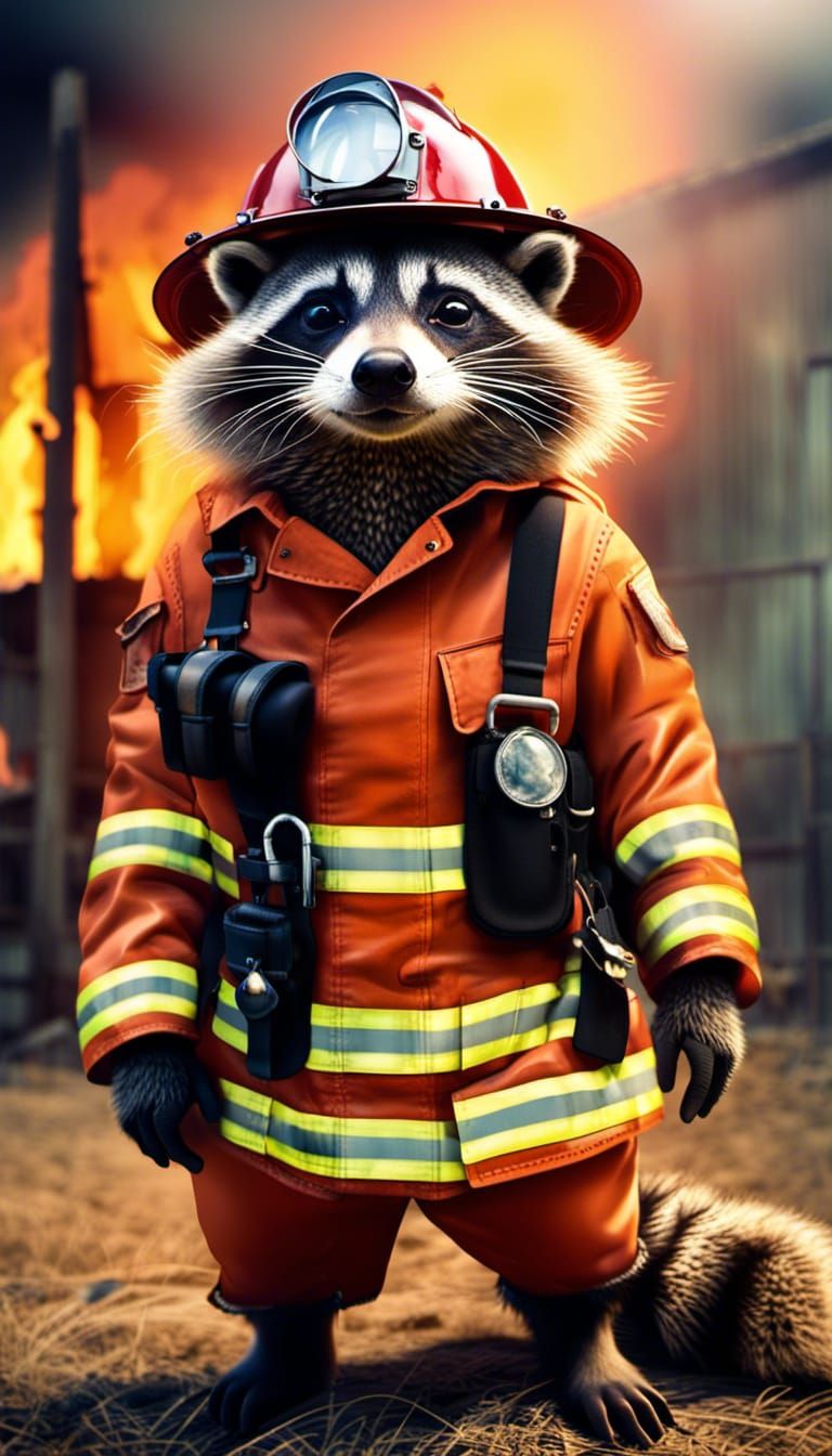 Super Cool Obese Fireman Raccoon wearing fireman's suit, with Huge ...