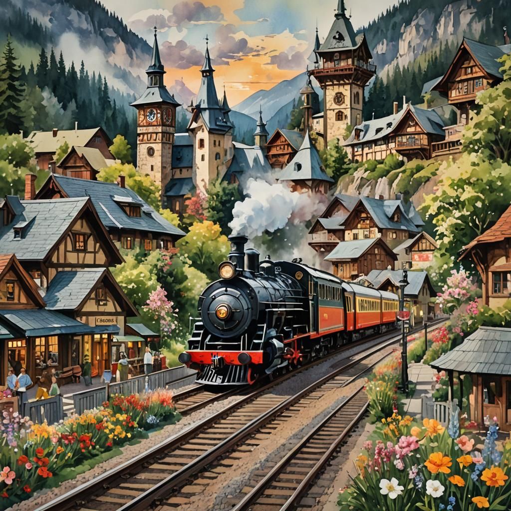 1960’s German train rolling into Rothenburg. - AI Generated Artwork ...