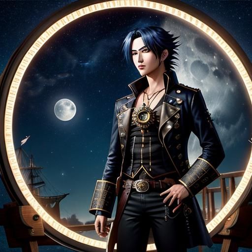 anime male pirate with under starry night sky with full moon in the ...