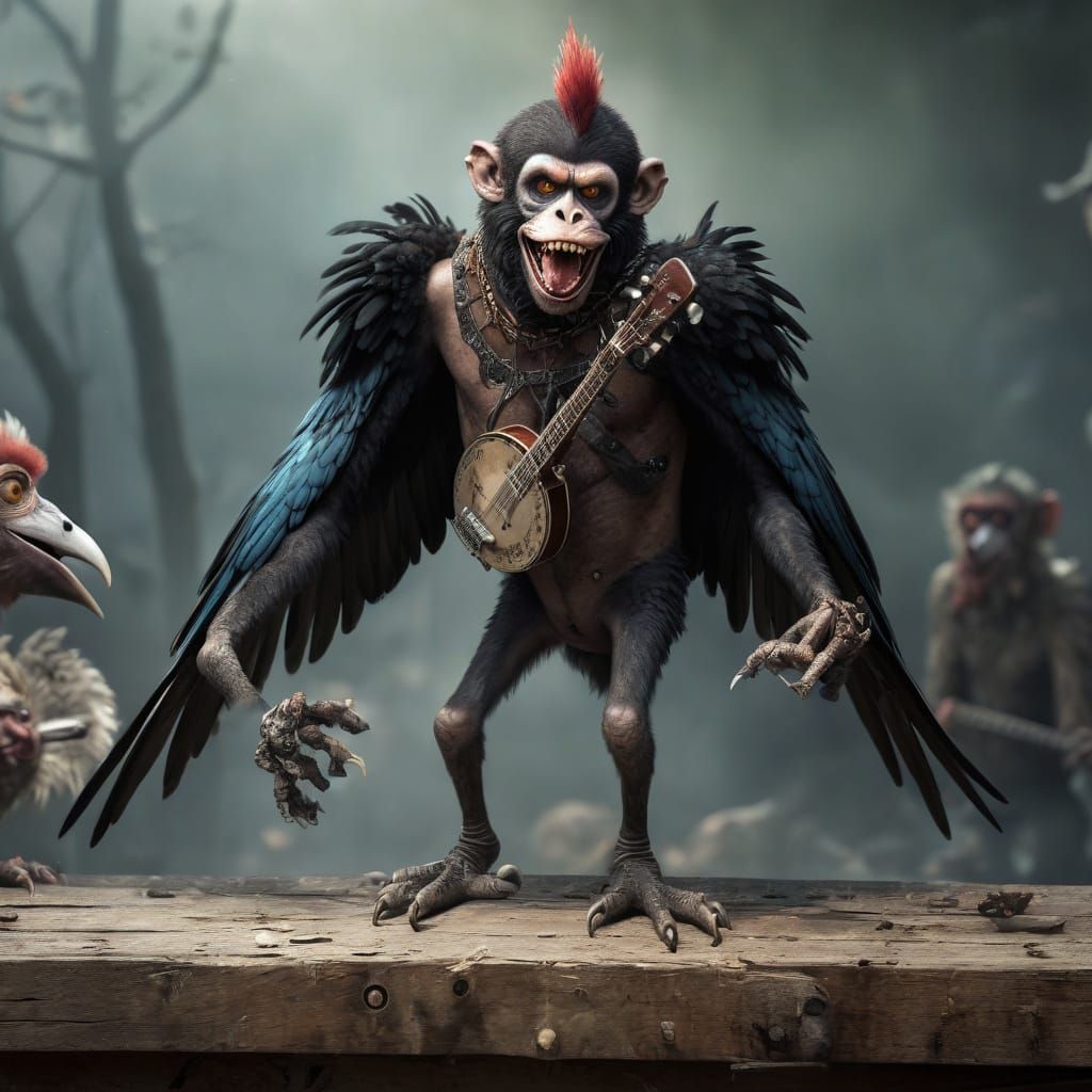 Grinning Hybrid Creatures Play Banjos in a Dark, C... - AI Art