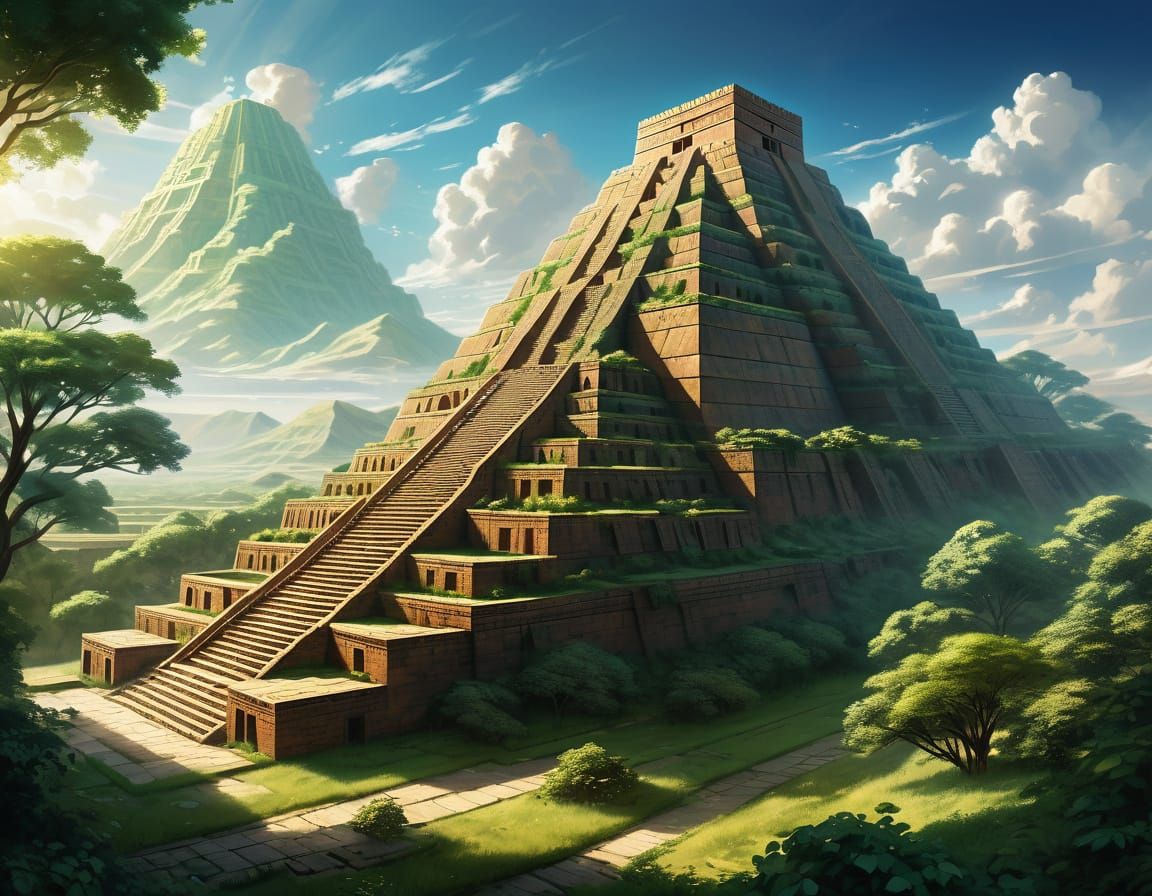 Ancient Akkadian ziggurat majestically rises against the sky sparkling ...