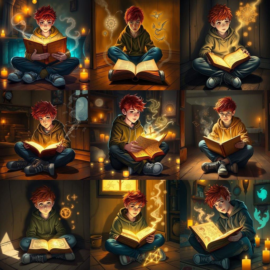Young Wizard Lost in Ancient Magical Texts - AI Art
