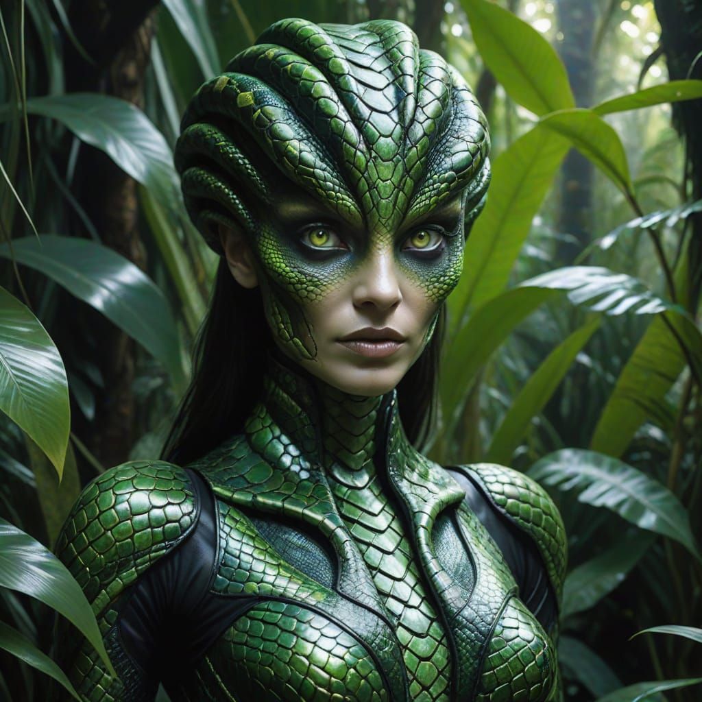 A snake-like alien - Snake-Like Alien Goddess in Lush Jungle