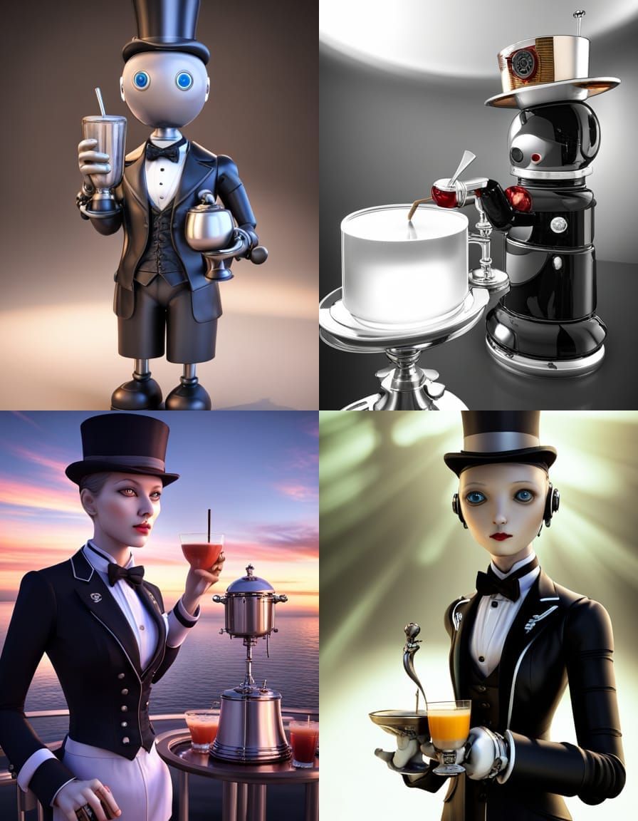 A cute French android female butler robot serving a drink, intricate ...