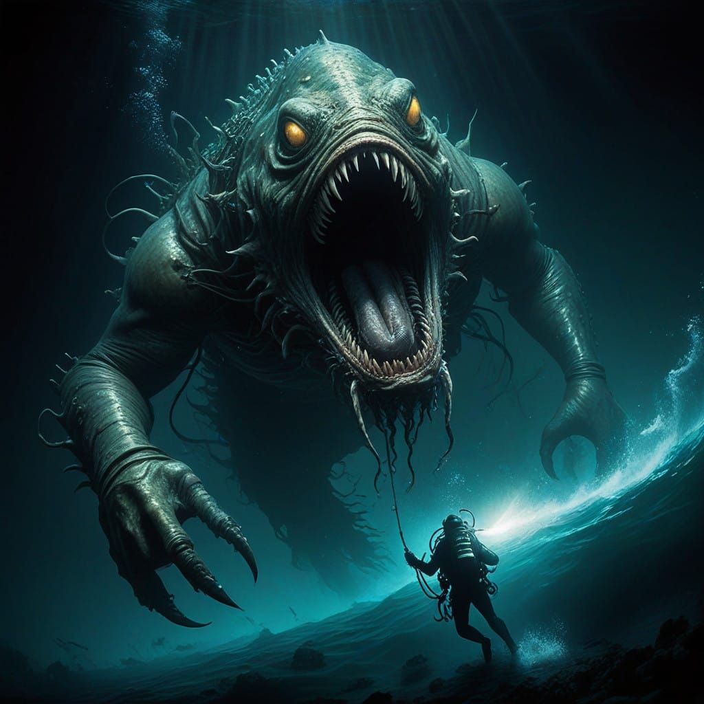 Eldritch Horror Sea Monster Devours Scuba Diver in... - AI Art