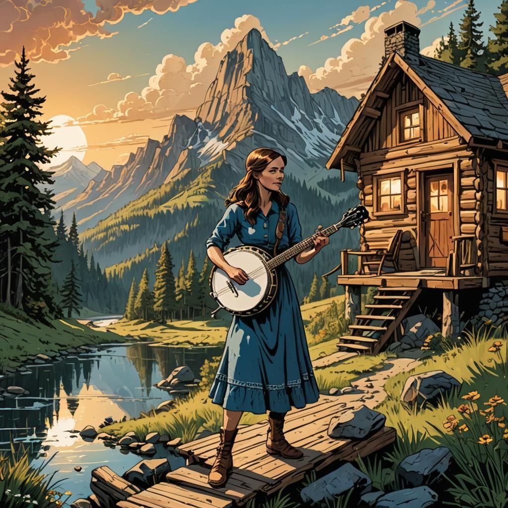 Kentucky woman playing banjo in front a mountain cabin - AI Generated ...