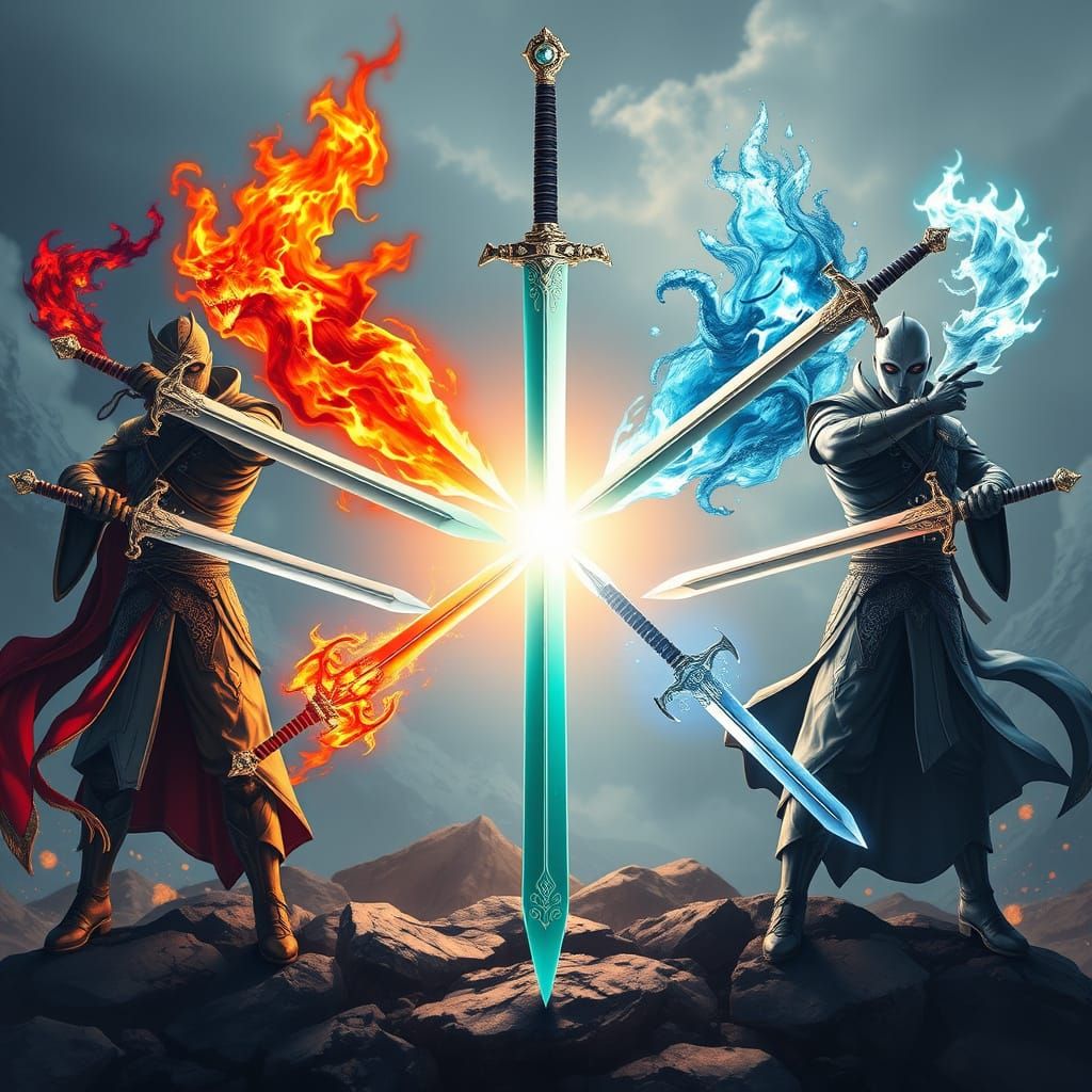 Elemental Warriors Unite with Blazing Swords in Ha... - AI Art