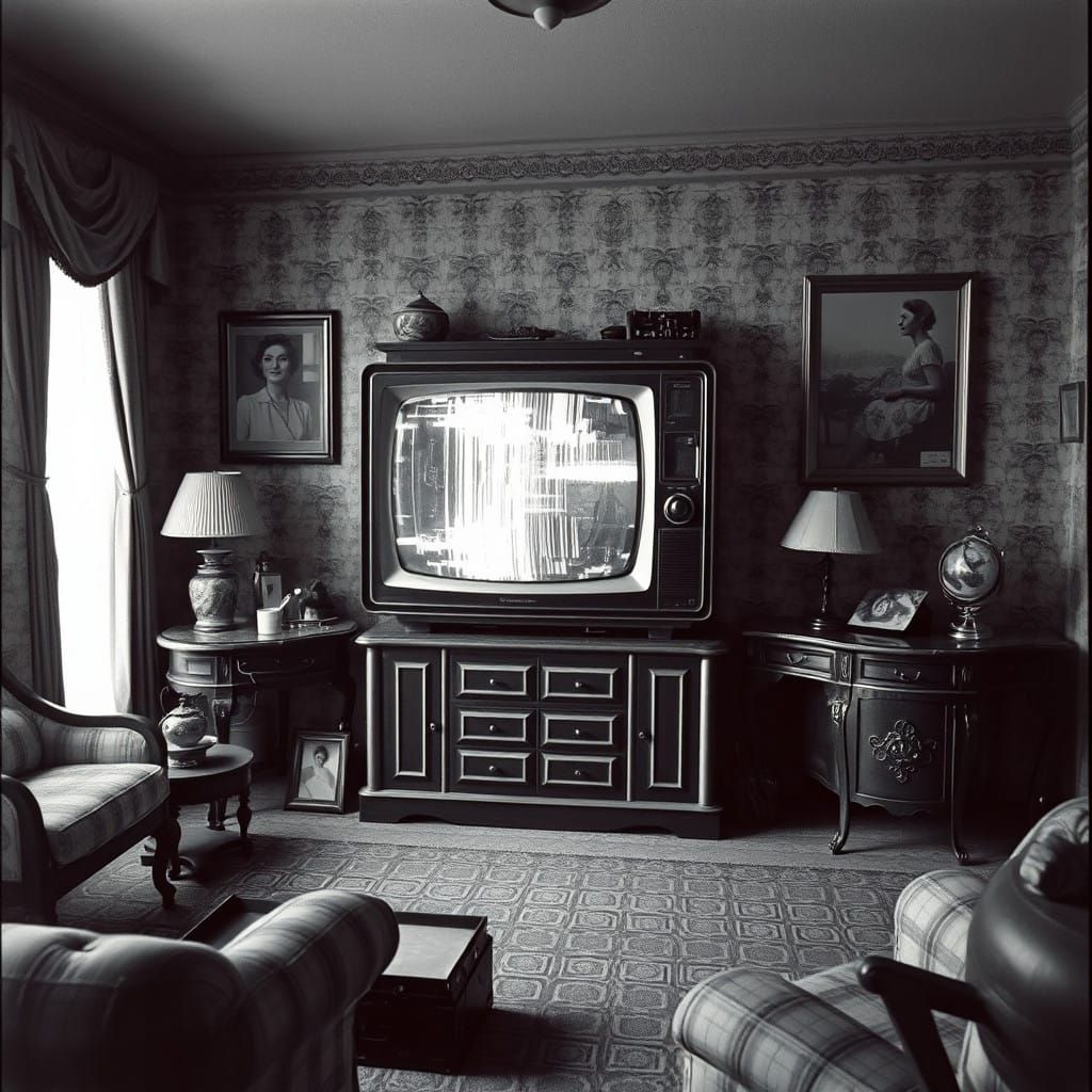 a black-and-white still life of an old television set glitching in a ...
